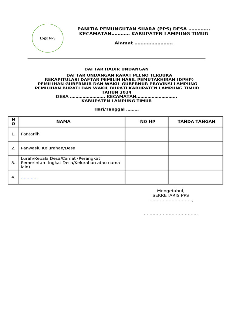 Draft Daftar Hadir PPK PPS | PDF