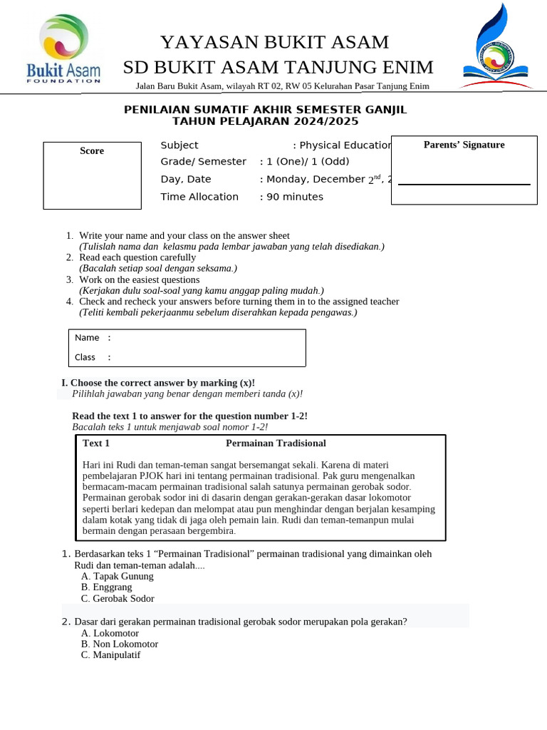 CHECKED-NASKAH SOAL SAS KELAS 1 PJOK SEMESTER 1 2024-2025 | PDF