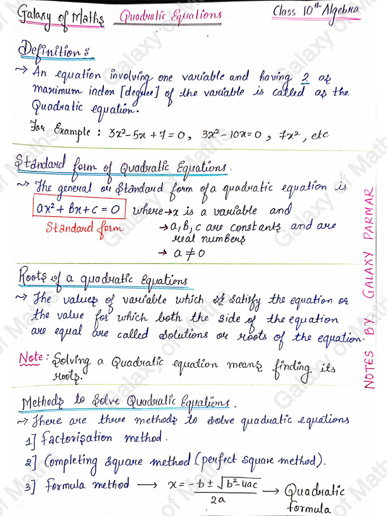 Quadratic equations Handwritten Notes by Galaxy of Maths | PDF ...