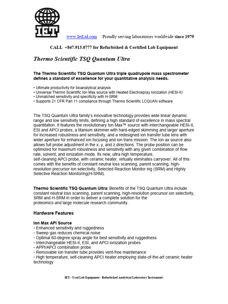 Quantum Ultra Data Sheet | PDF | Electrospray Ionization | Tandem Mass ...