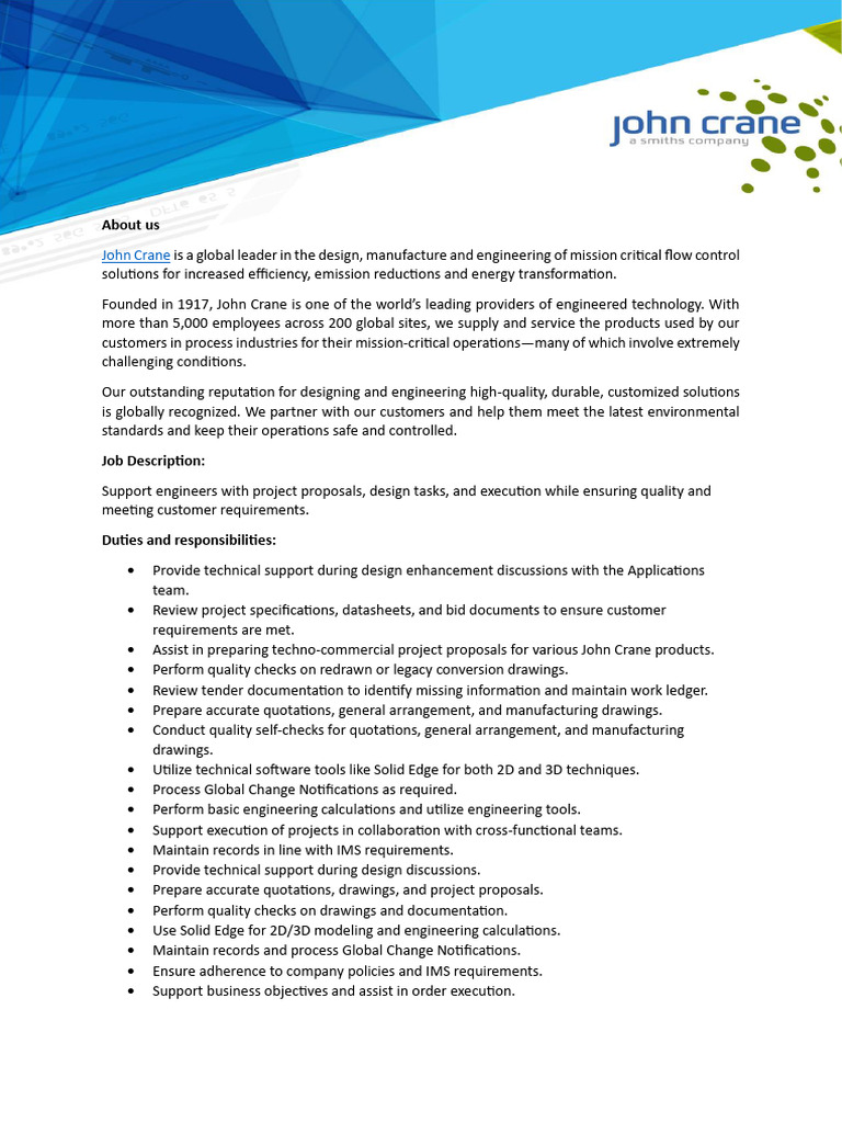 John Crane Engineering Support Role | PDF | Engineering