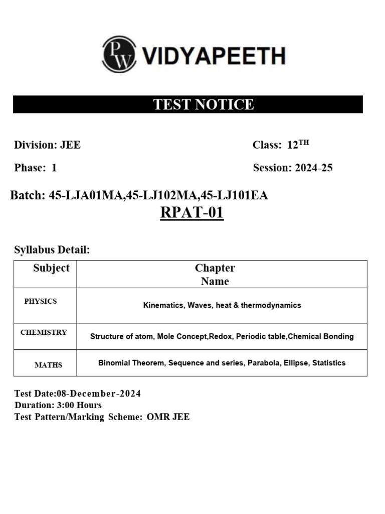 12th JEE RPAT-01 08-DEC-24 | PDF