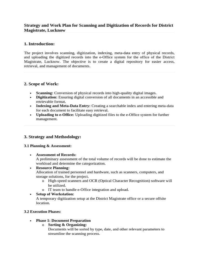 Strategy and Work Plan For Scanning and Digitization of Records For District Magistrate | PDF ...