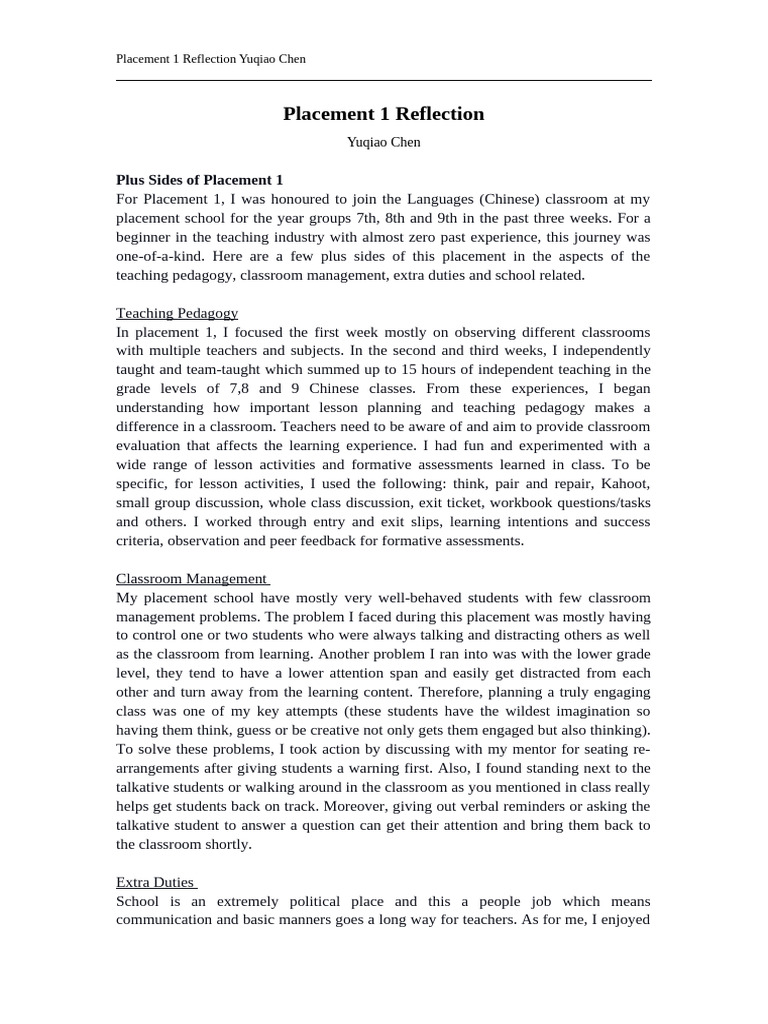 Placement 1 Reflection_Yuqiao Chen | PDF | Teachers | Classroom