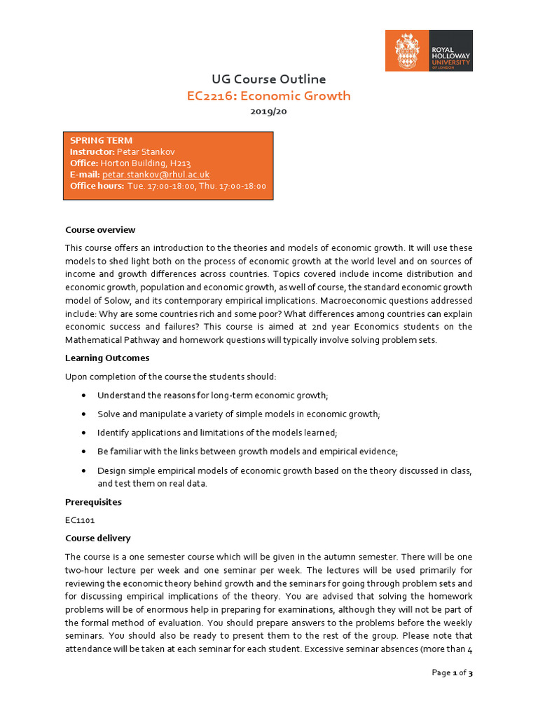 Ec2216 Econ Growth Course Outline | PDF | Economic Growth | Economies
