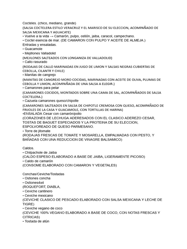 Menu Inicio Mocambo Descripcciones | PDF | Taco | Mariscos