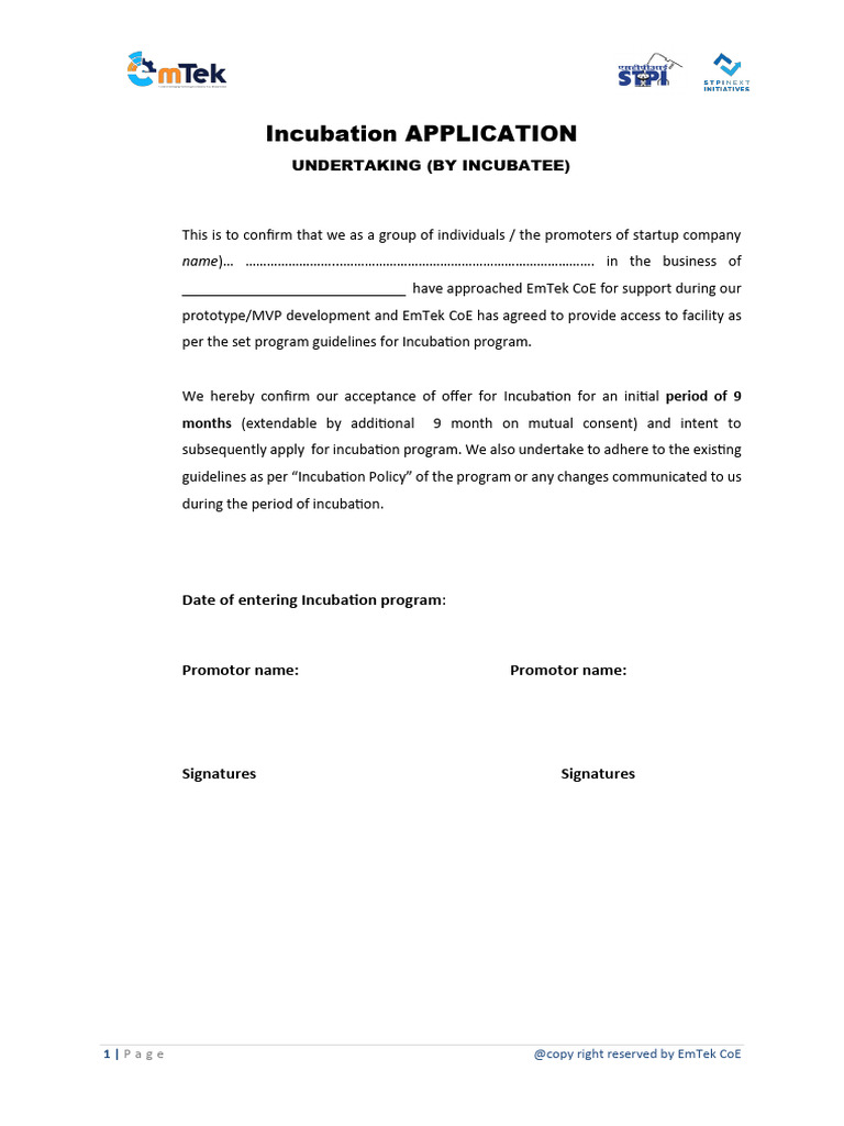 Incubation Application Undertaking Form | PDF