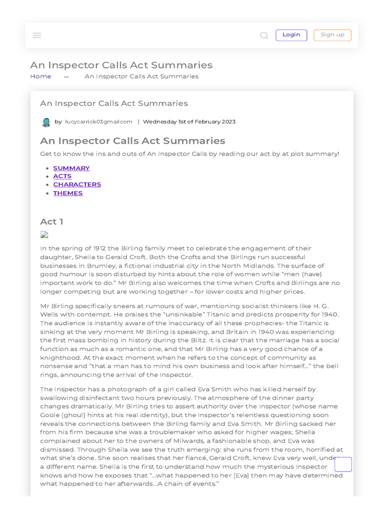 An Inspector Calls - Summary of Acts - Marked | PDF