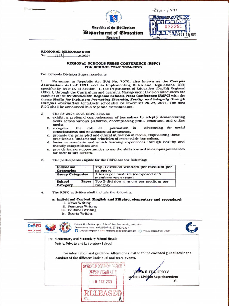 RM No. 1314 S. 2024 Regional Schools Press Conference RSPC For School ...