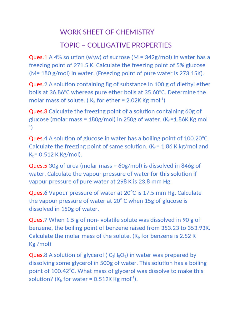 Colligative Properties Chemistry Worksheet | PDF