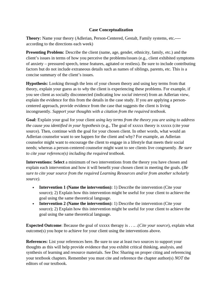 Case Conceptualization Template Revised To Include Working Hypothesis ...