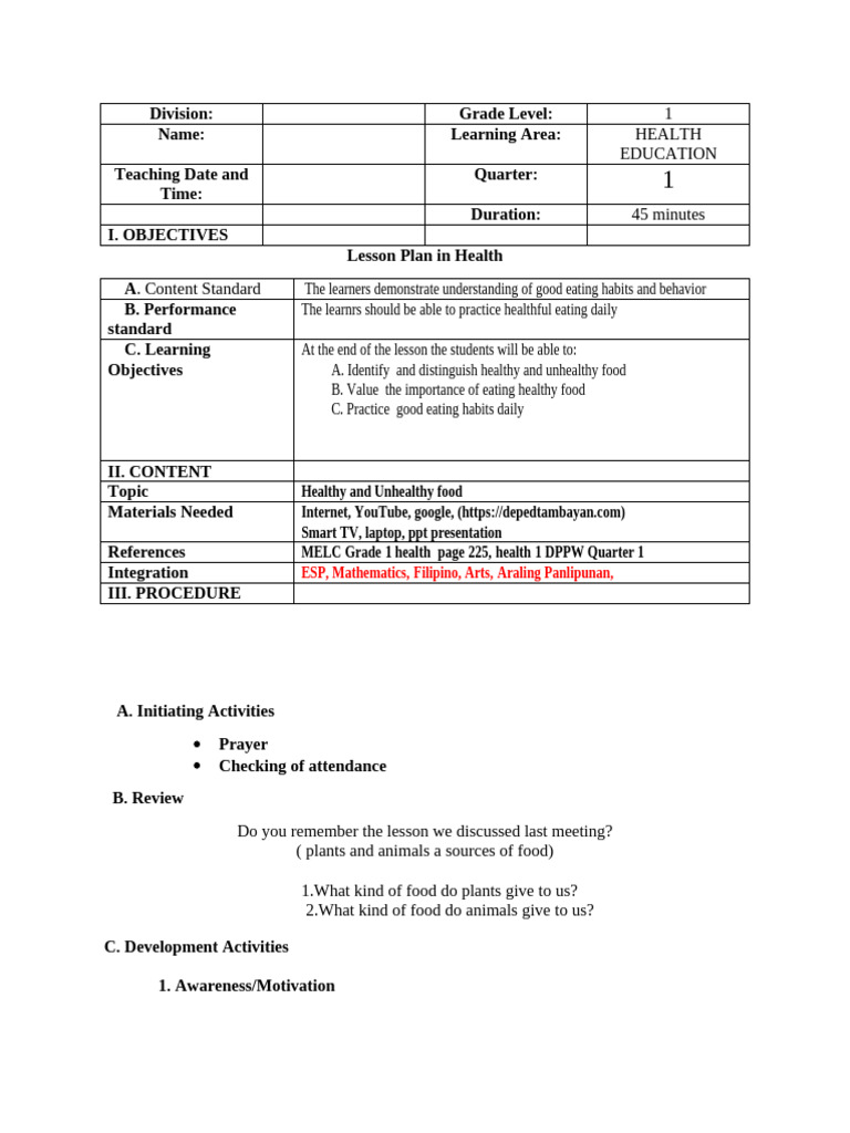 Grade 1 Healthy vs Unhealthy Foods Lesson | PDF | Foods | Junk Food