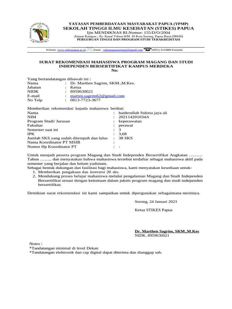 (Format) Surat Rekomendasi PT Untuk Mahasiswa Program MSIB Angkatan 4 | PDF