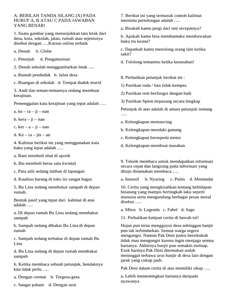 Soal bahasa indonesia kelas 4 SDI | PDF