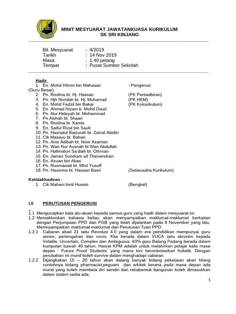 Minit Mesyuarat Kurikulum Kali Ke 4 2019 | PDF