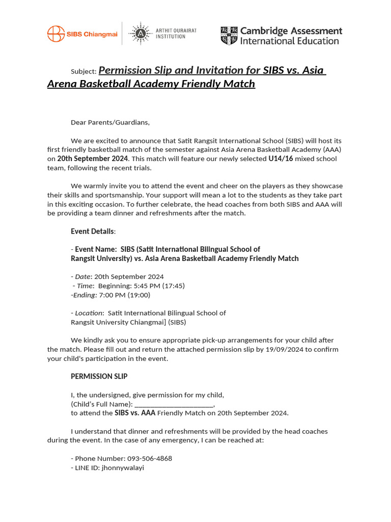 2024 25 Permission Slip and Invitation For SIBS vs. Asia Arena ...