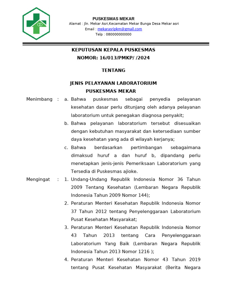 SK Penetapan Jenis-Jenis Pelayanan Laboratorium Puskesmas Mekar | PDF