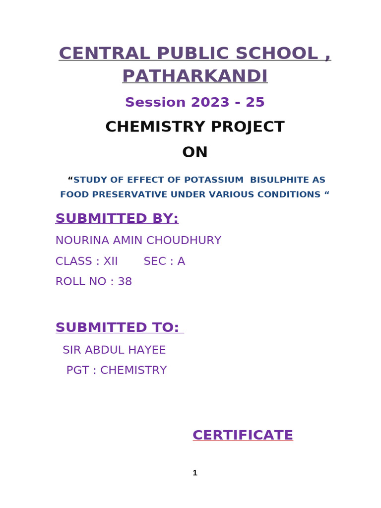 Chemistry Project On Study of Effect of Potassium Bisulphite As Food ...