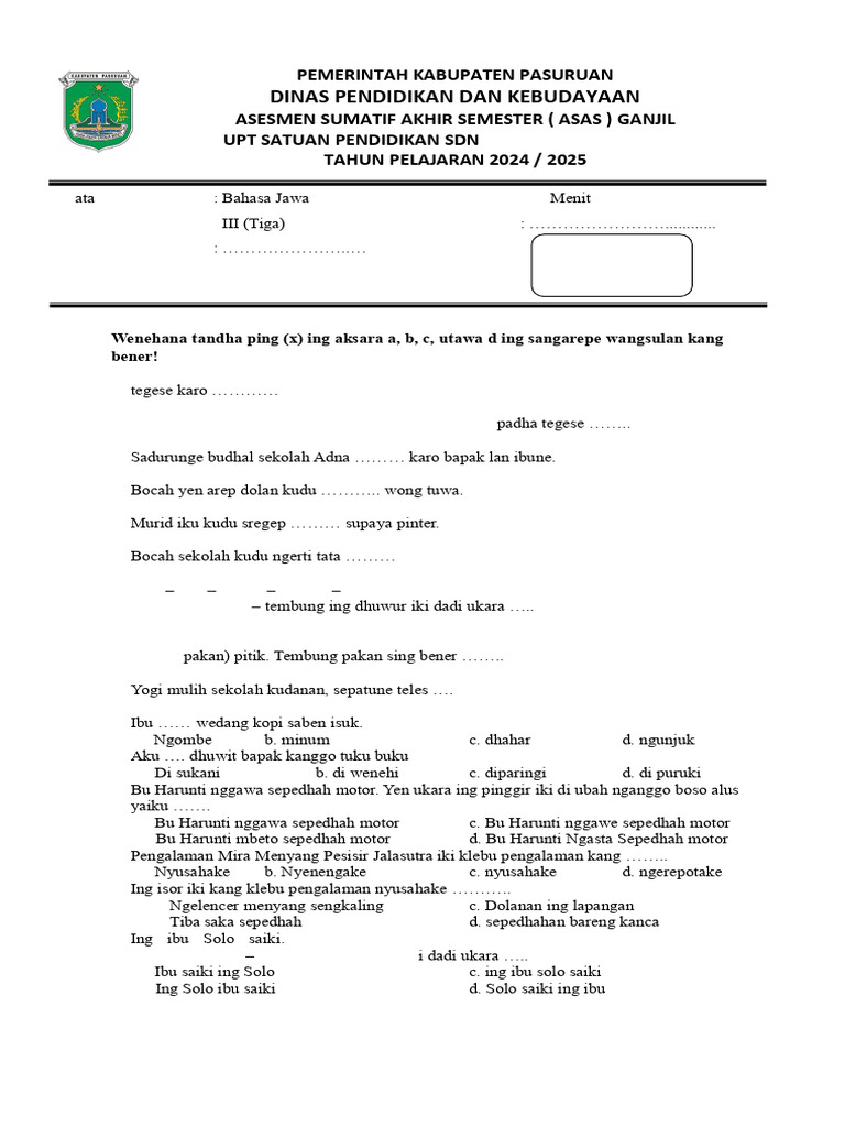 Soal ASAS BHS. JAWA Kelas 3 | PDF