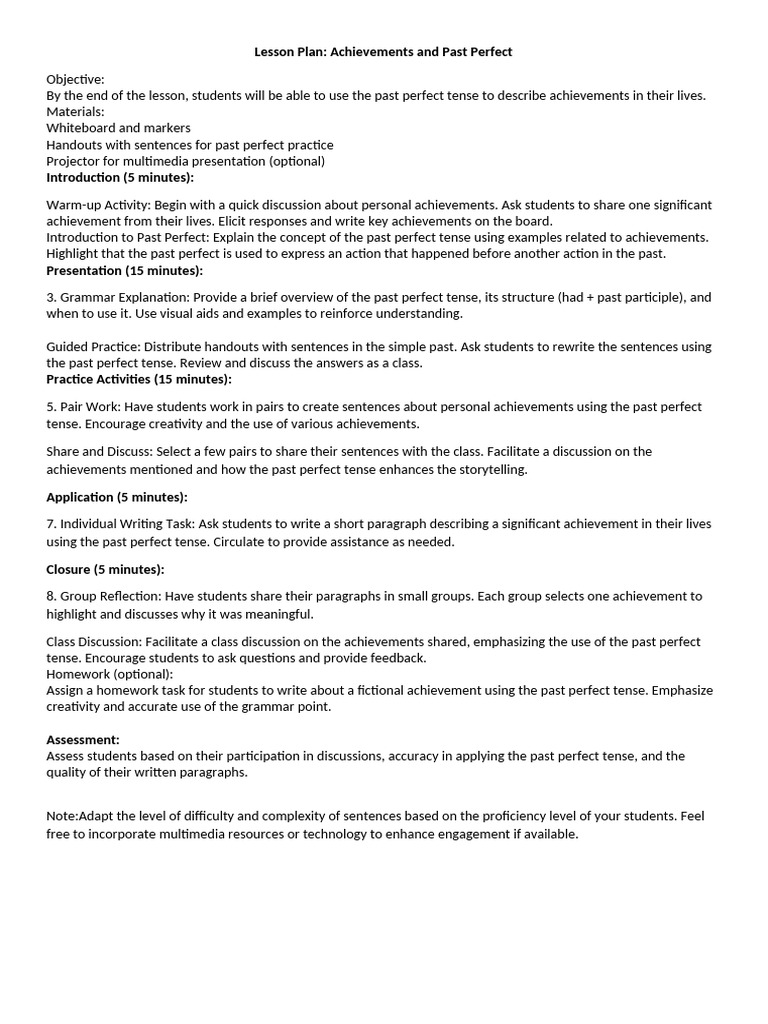 Lesson Plan For Past Perfect and Achievements | PDF | Lesson Plan ...