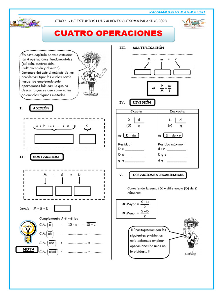 RAZONAMIENTO MATEMATICO Cuatro-Operaciones | PDF | Sustracción ...