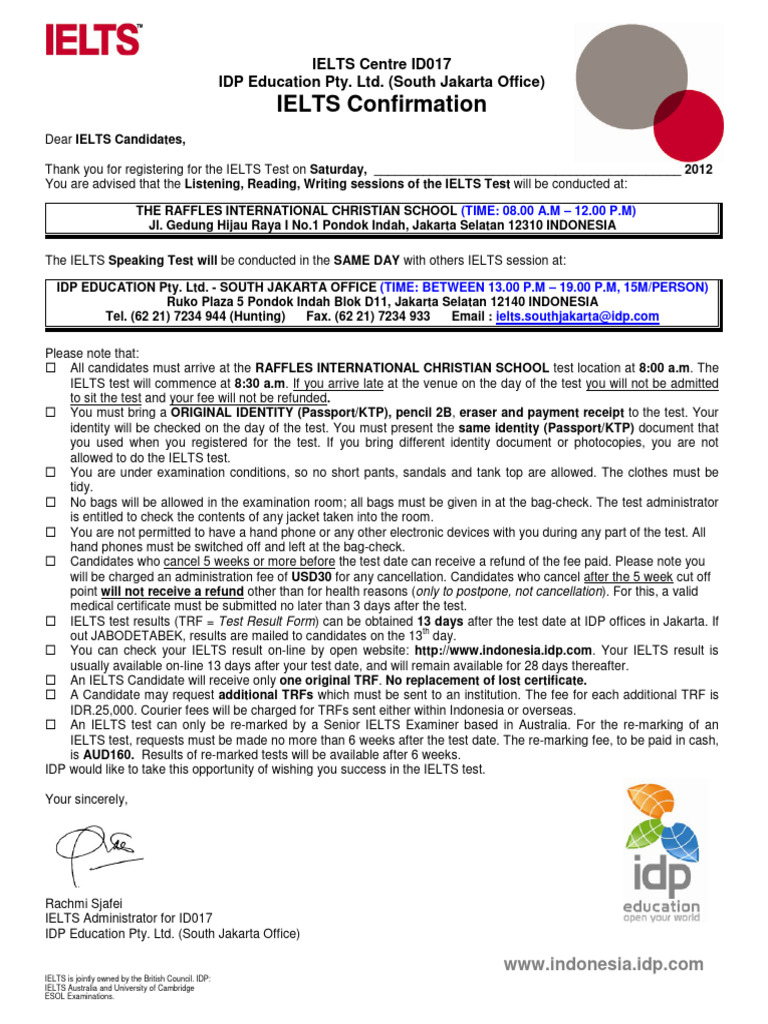 IELTS Confirmation 2012 - IDP Indonesia - IDP Education | PDF ...