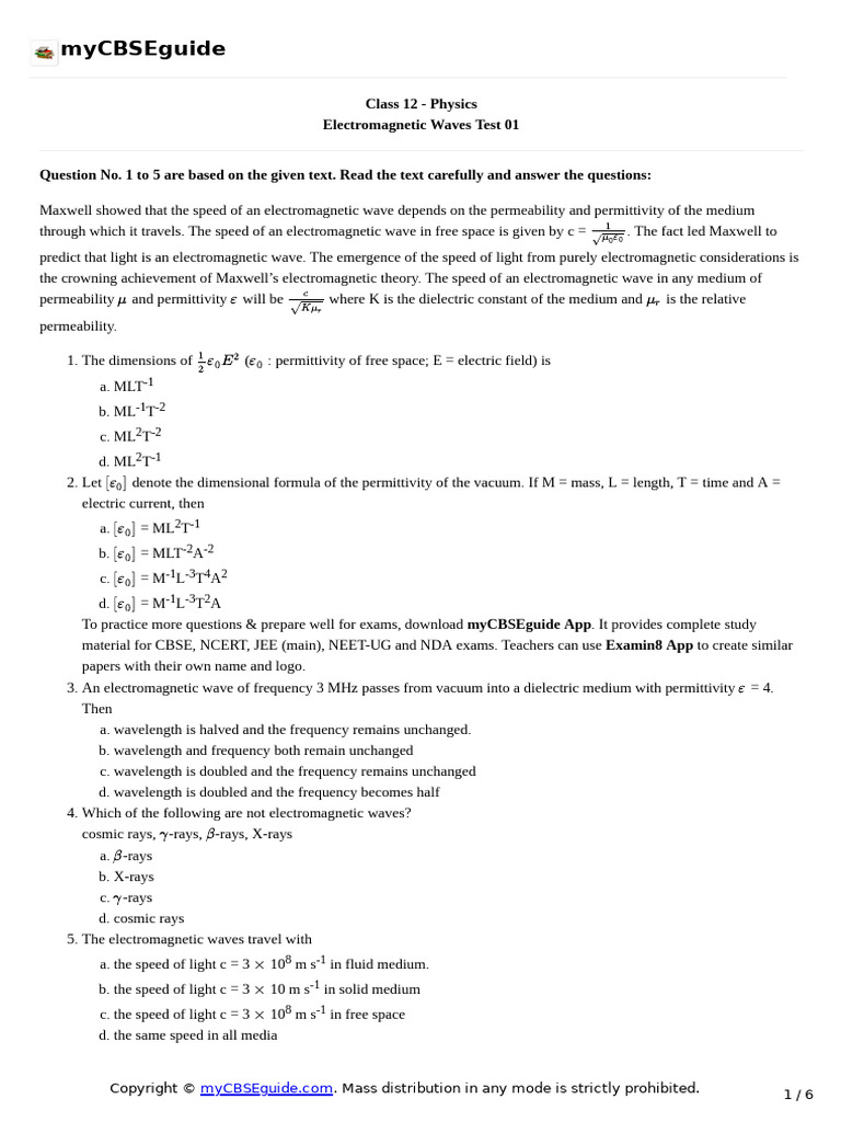 12 Physics Electromagneticwaves tp01 | PDF | Waves | Electromagnetic Radiation