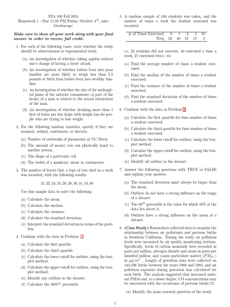 STA100 Fall2024 HW1 Due Oct 4th | PDF | Outlier | Air Pollution