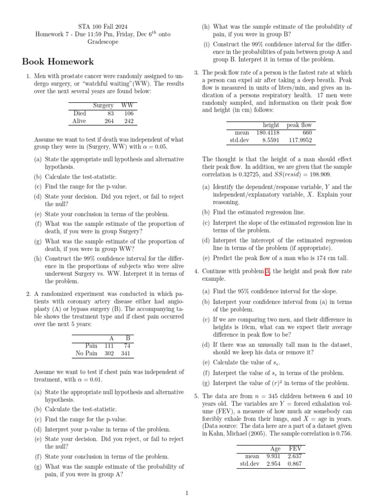 STA100 Fall2024 HW7 Due Dec 6th | PDF | Linear Regression | Regression Analysis