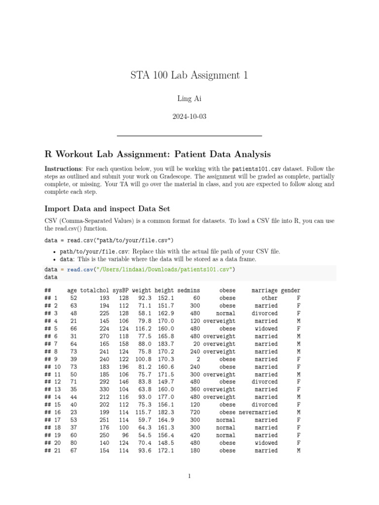 Sta 100 Lab Assignment 1 Pdf Comma Separated Values Computing