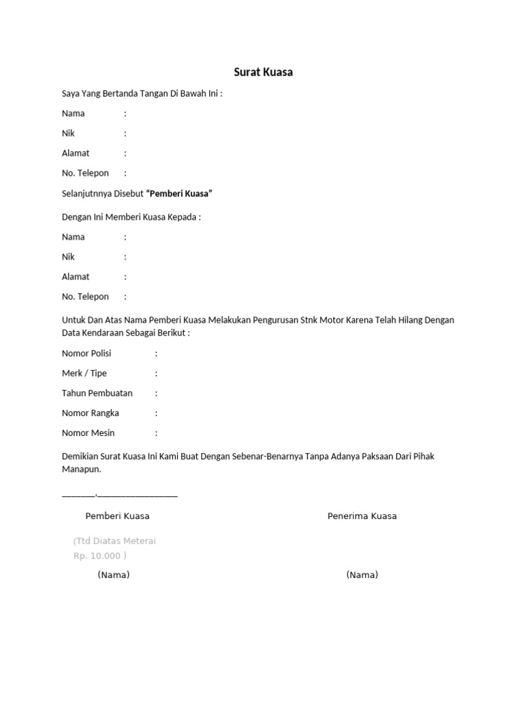 Surat Kuasa STNK Motor Hilang | PDF