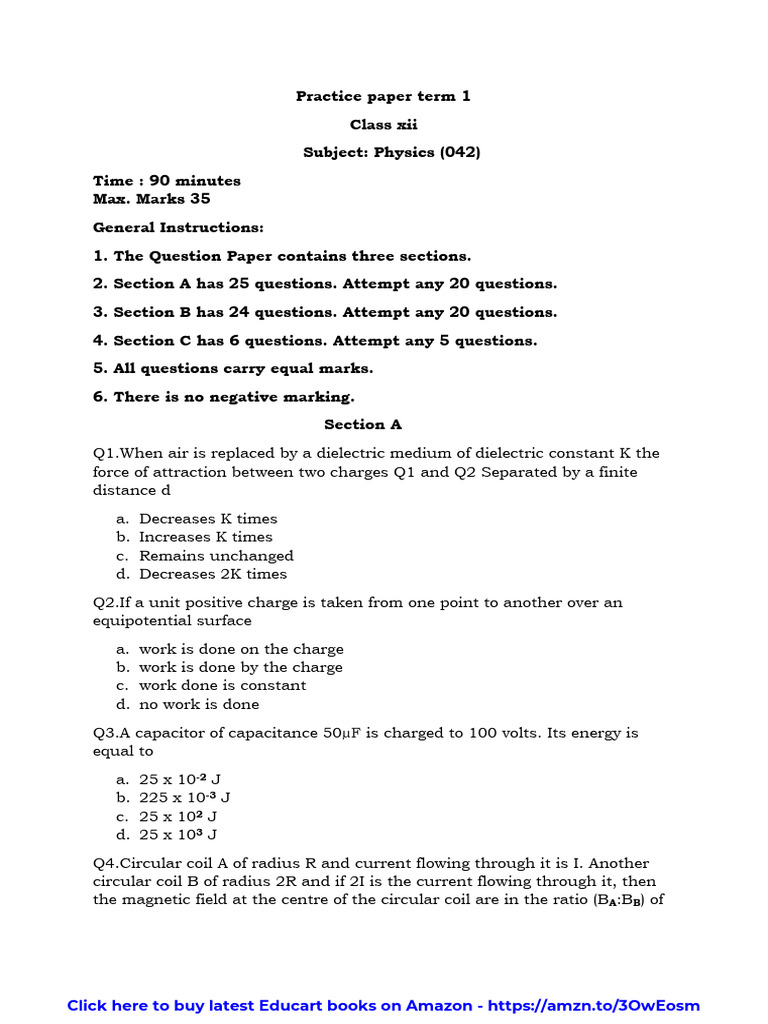 Class 12 Physics Practice Paper | PDF | Inductor | Voltage