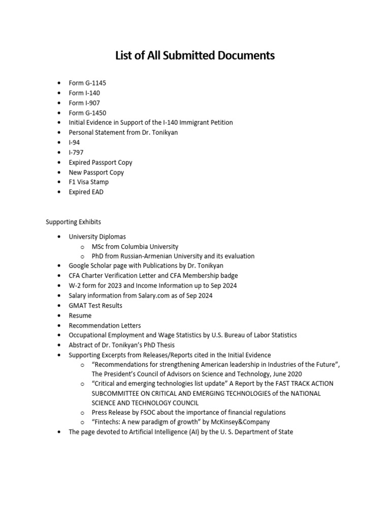Comprehensive Document Submission List | PDF