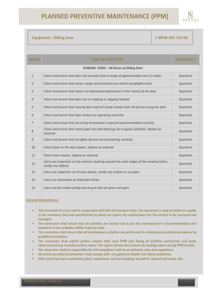 Sliding Door Maintenance Checklist | PDF | Door | Safety