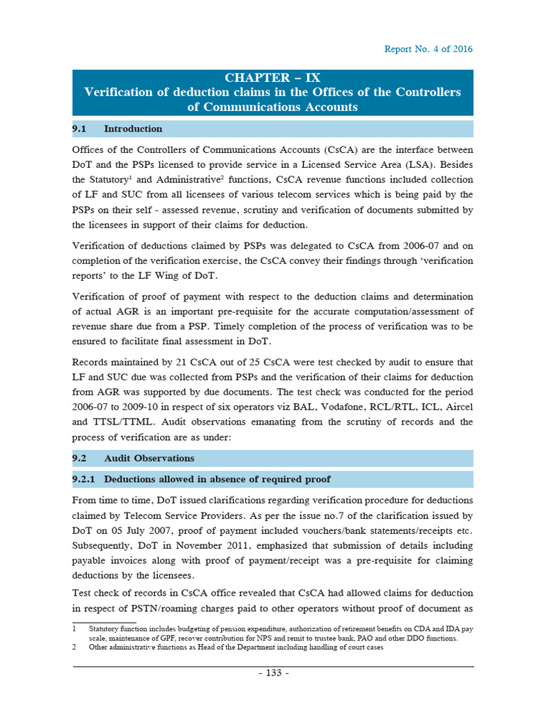 Chapter 9 Verification of Deduction Claims in The Offices of The Controllers of Communications ...