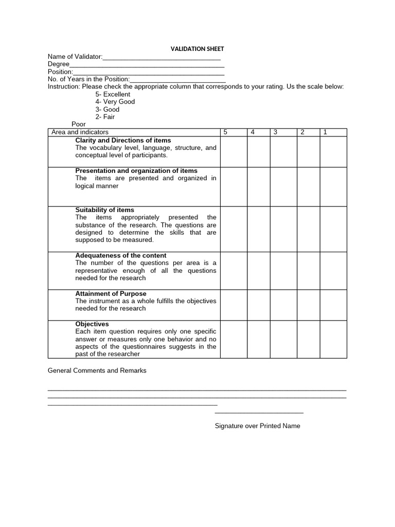 Validation Sheet of Instrument | PDF