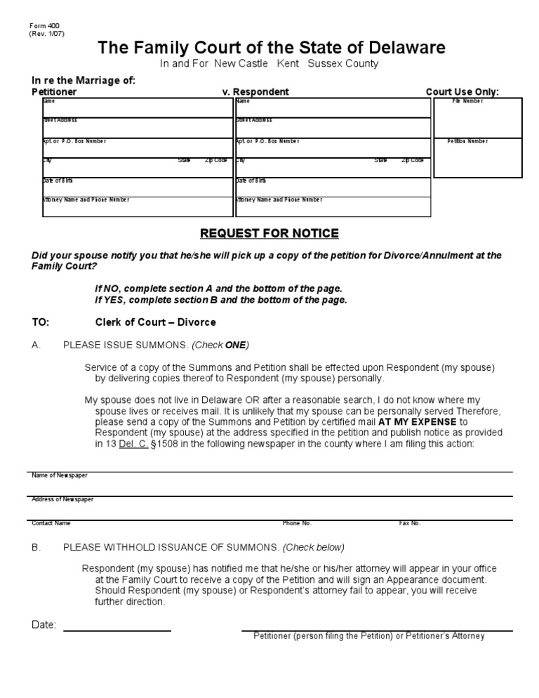 Delaware Divorce Petition Form 400 | PDF