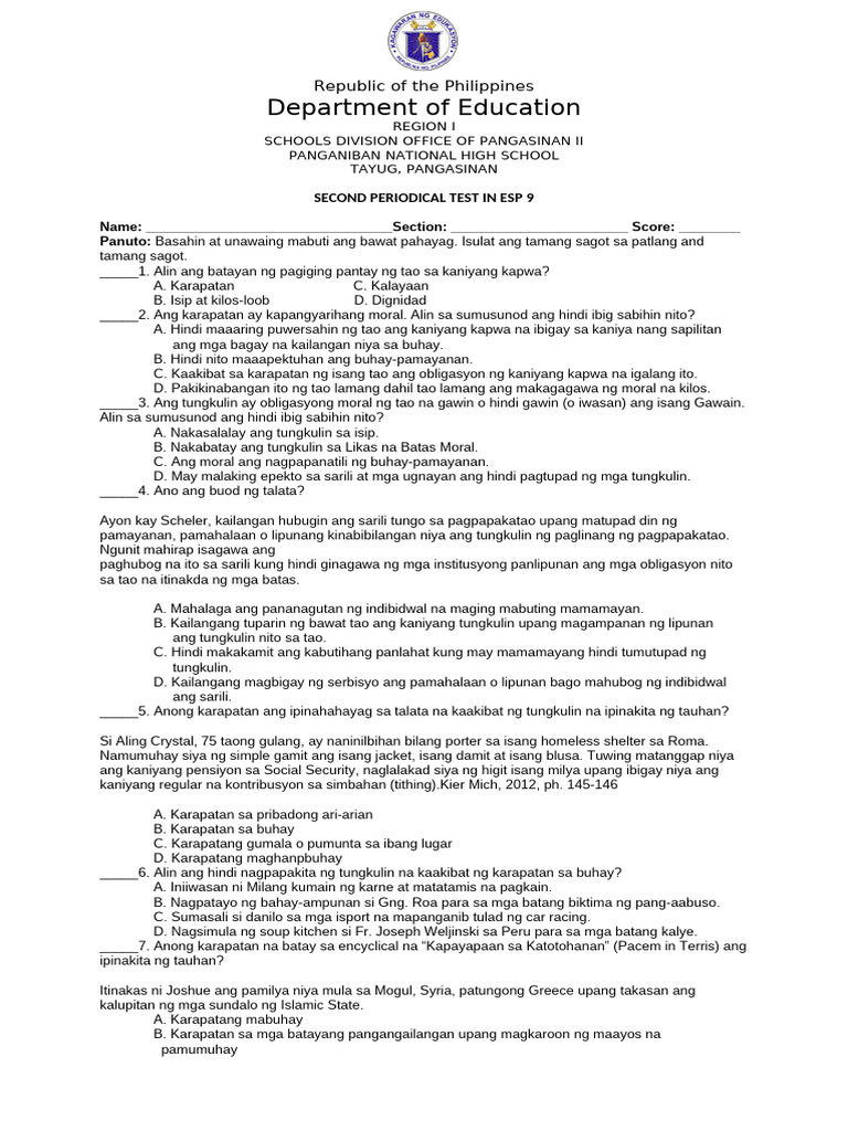 2nd Periodical Test G9 ESP Edited | PDF