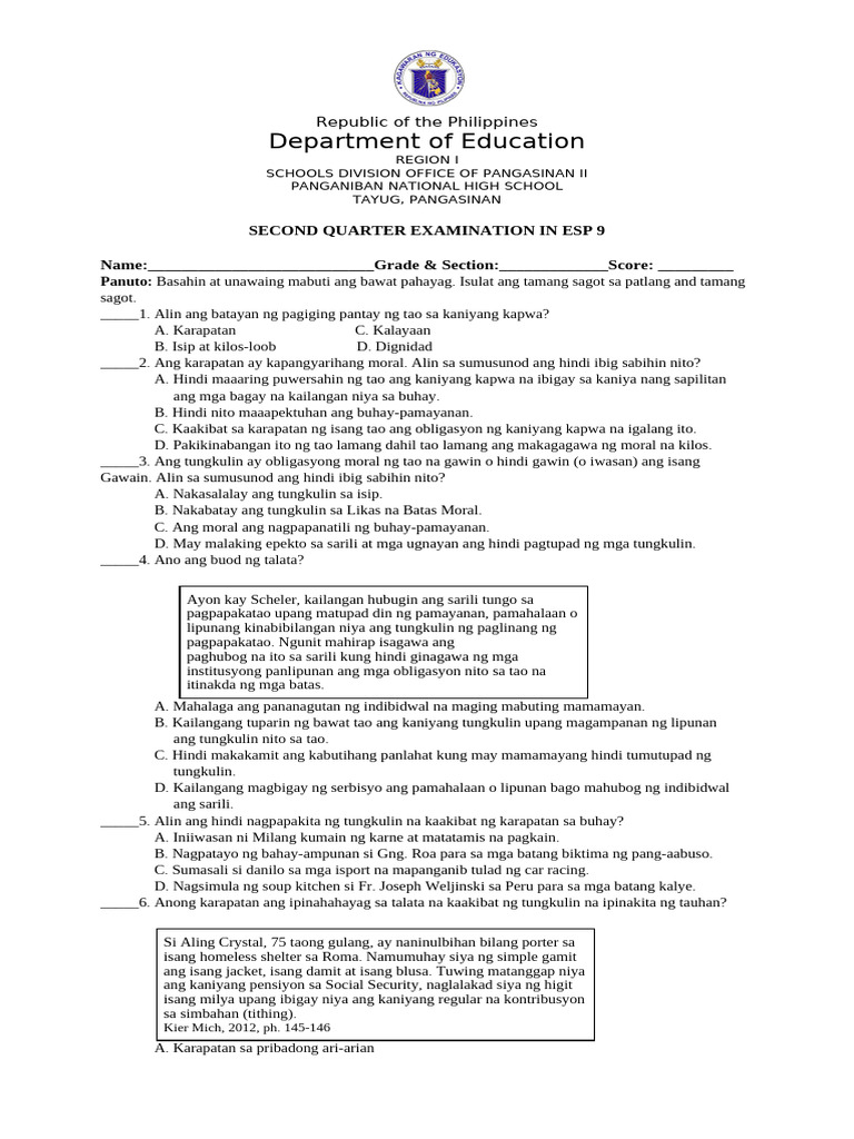 2nd Periodical Test G9 ESP | PDF