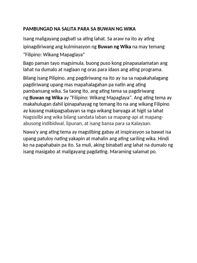 Pambungad Na Salita para Sa Buwan NG Wika | PDF