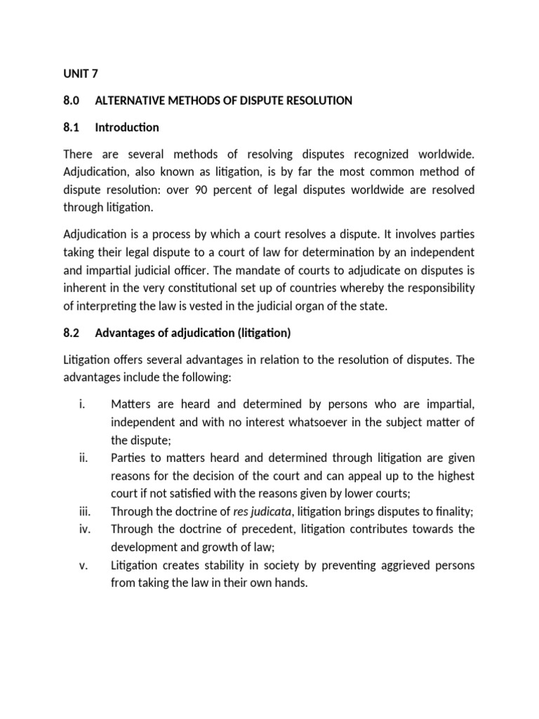 Unit 7 Alternative Methods of Dispute Resolution | PDF | Alternative Dispute Resolution ...