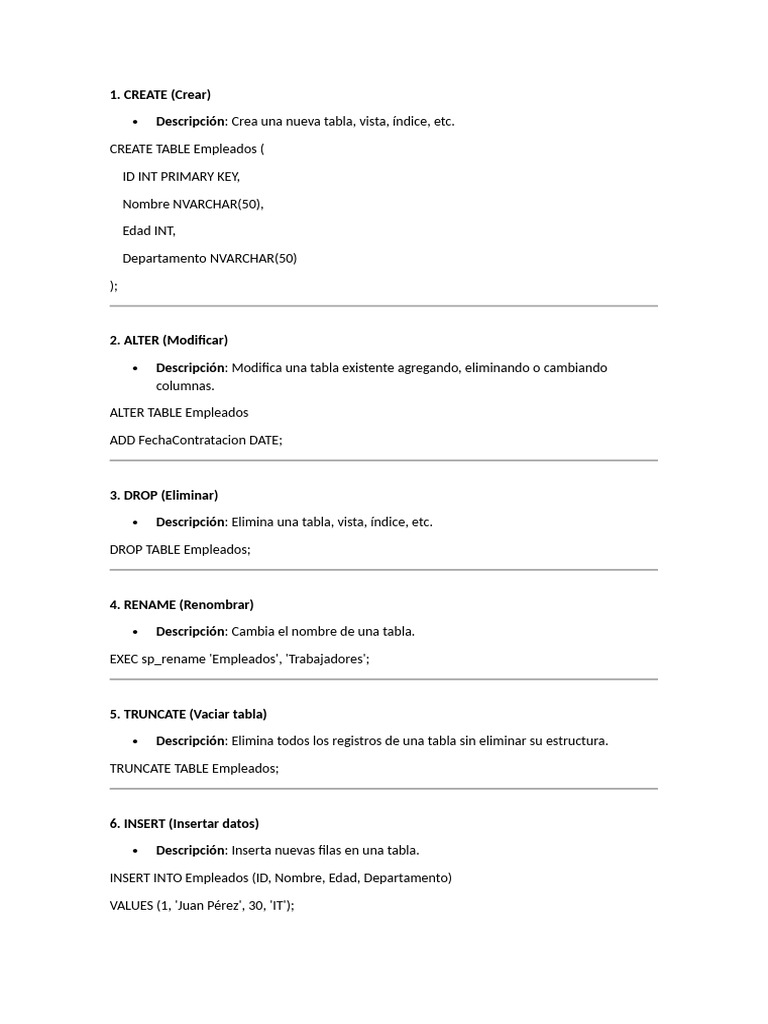 Comandos SQL: Creación, Modificación y Consultas | PDF | SQL | Programación de computadoras