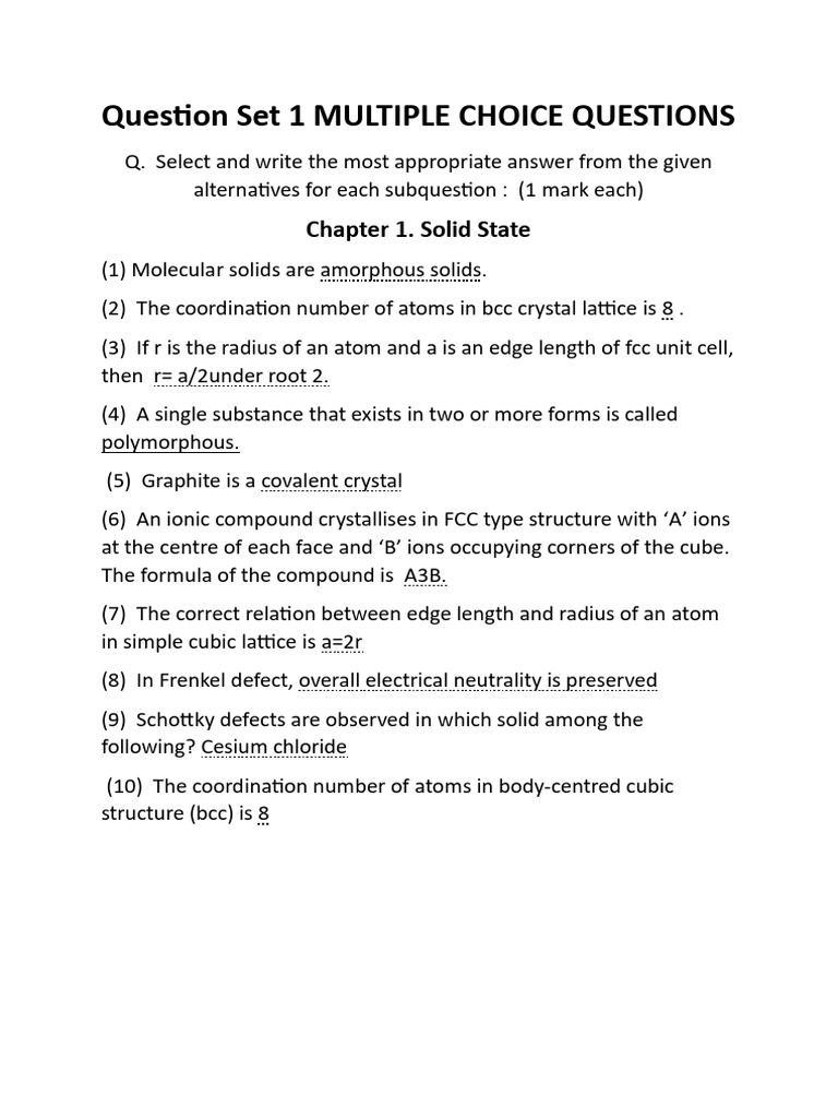 Question Set 1 MULTIPLE CHOICE QUESTIONS | PDF | Coordination Complex ...