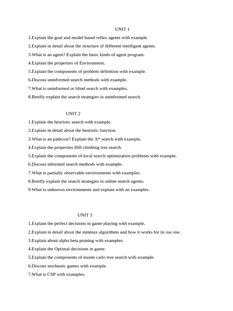 UNIT WISE QUESTIONS For Ai | PDF