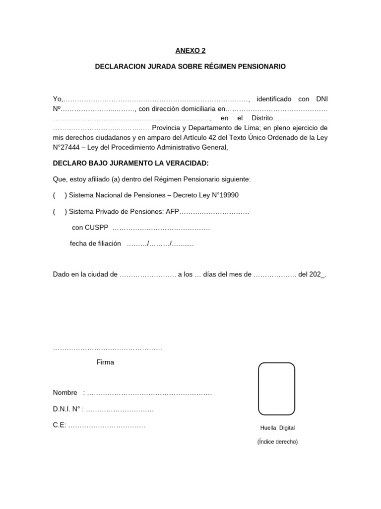 Anexo 2 Declaracion Jurada Sobre Regimen Pensionario | PDF