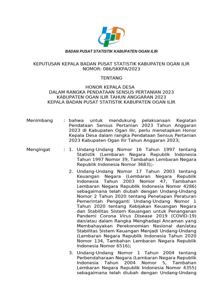 Honor Kepala Desa Sensus Pertanian 2023 | PDF