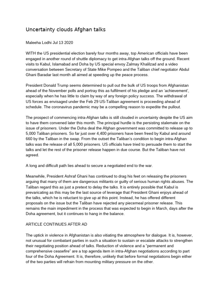 Uncertainty Clouds Afghan Talks | PDF | Taliban | Afghanistan