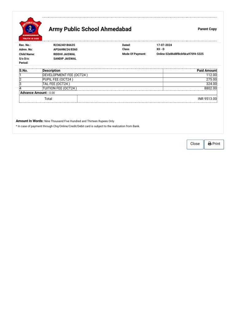 Army Public School Payment Receipt | PDF