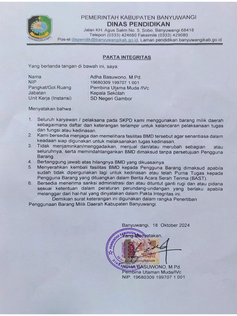 Pakta Integritas Barang 2024 | PDF