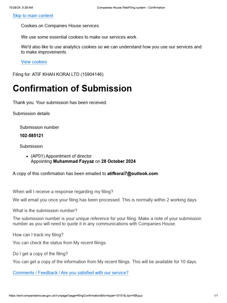 Companies House WebFiling System - Confirmation | PDF